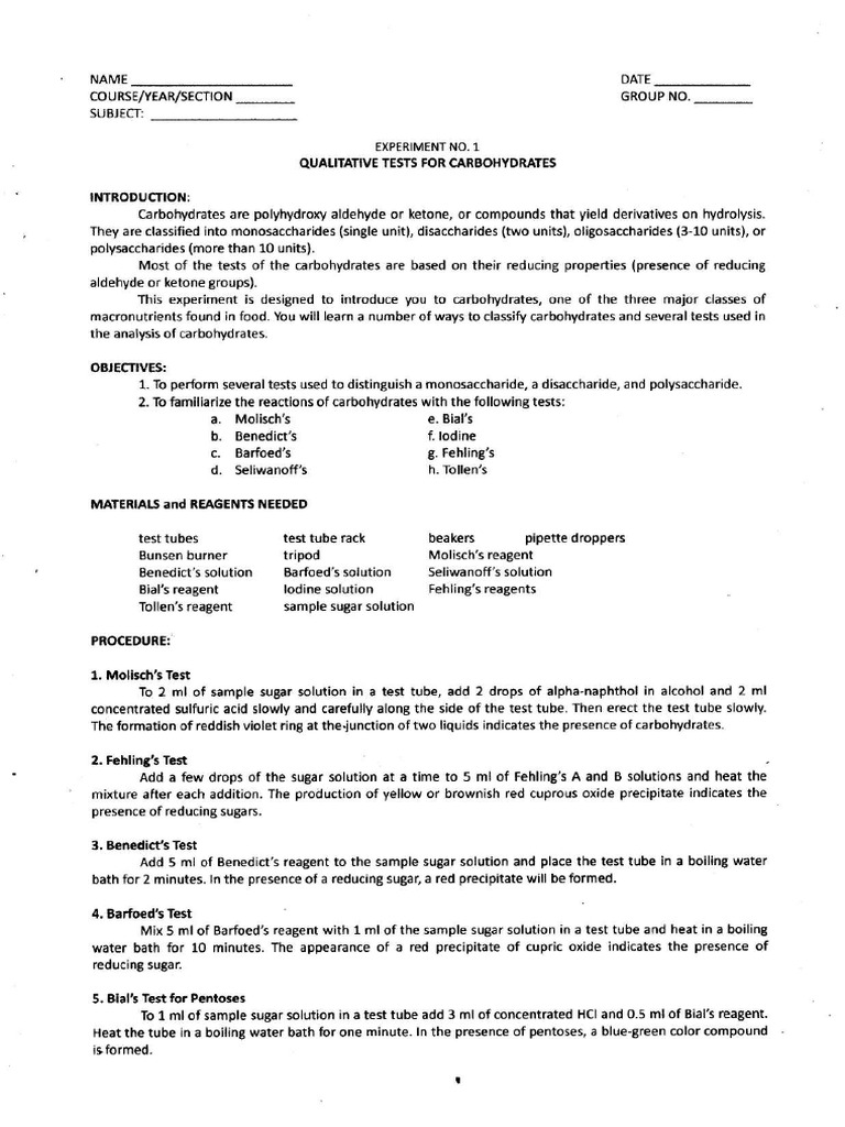 Biochem Lab Ex 1 Carbohydrates Pdf
