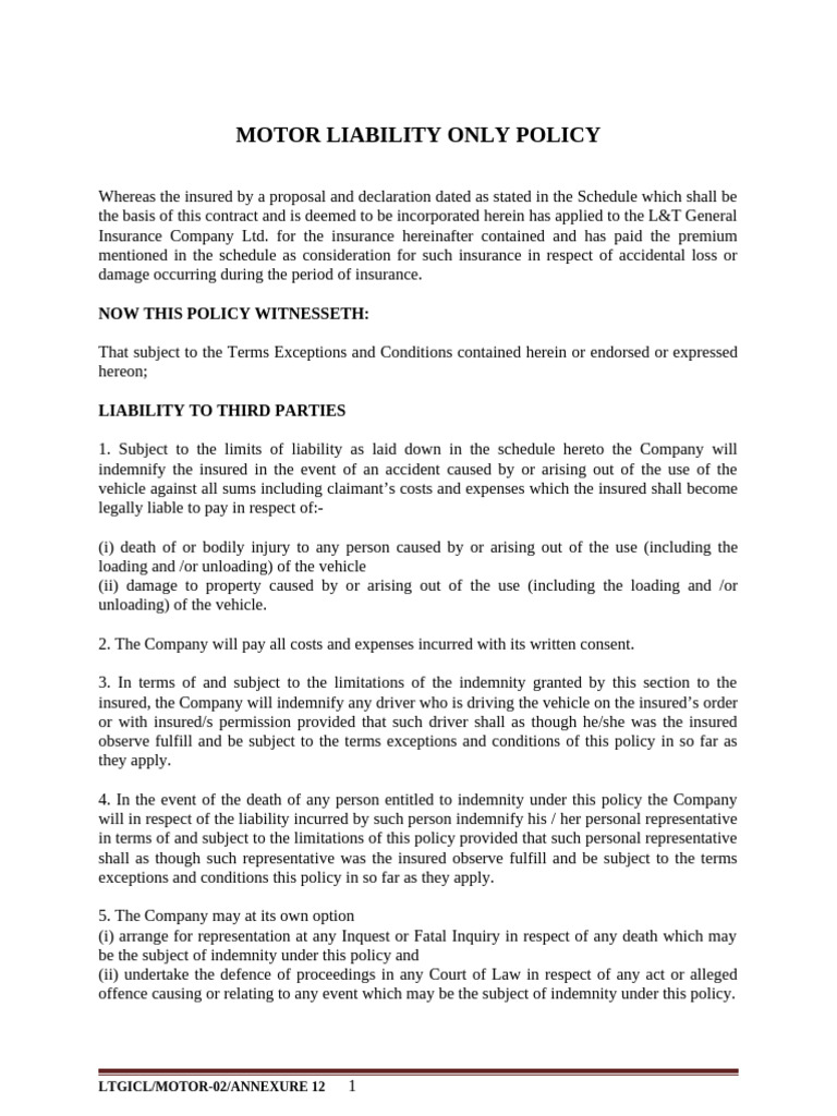 32 - MOTOR LIABILITY ONLY POLICY - Doc - GEN454 | PDF