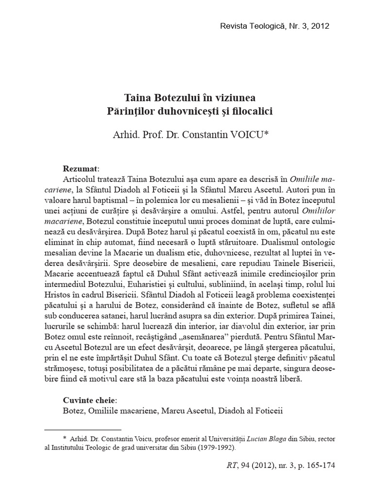 (Constantin Voicu) Taina Botezului În Viziunea Părinţilor Duhovniceşti Şi Filocalici | PDF