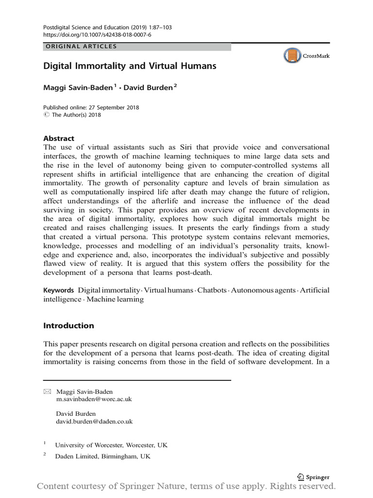 Digital Immortality and Virtual Humans | PDF