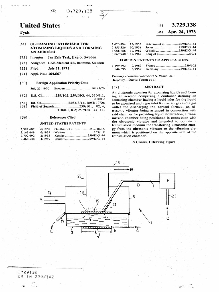 US3729138 Ultrasonic Atomizer For Atomizing Liquids and Forming An ...