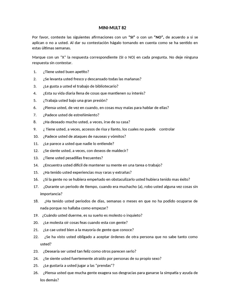 Cuestionario MINI-MULT | PDF | Self-Improvement