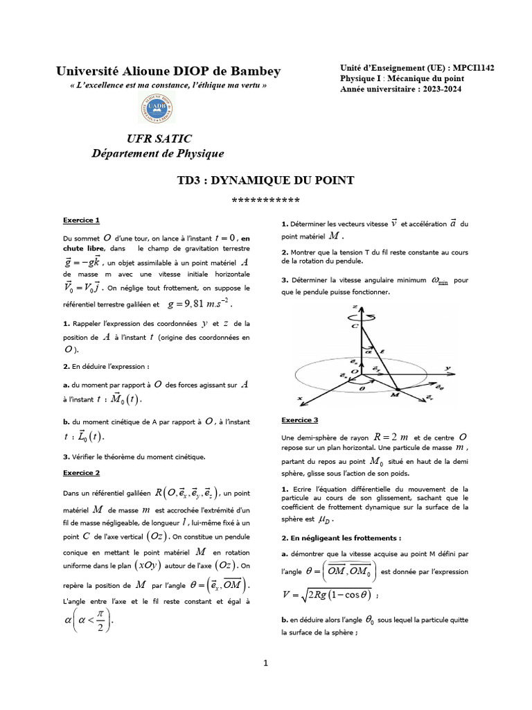 TD3 Dynamique Du Point-2023-2024 | PDF