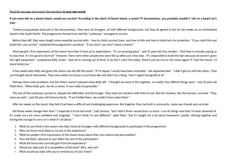 About Surviving On An Island QUESTIONS | PDF