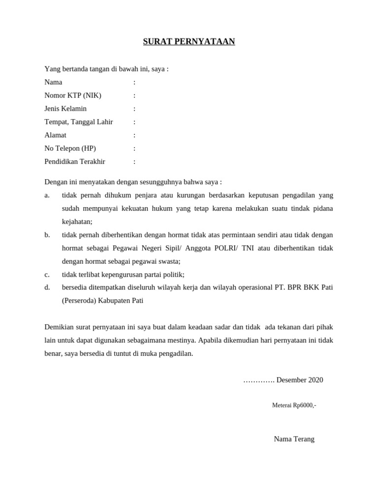 Surat Pernyataan BKK Pati | PDF