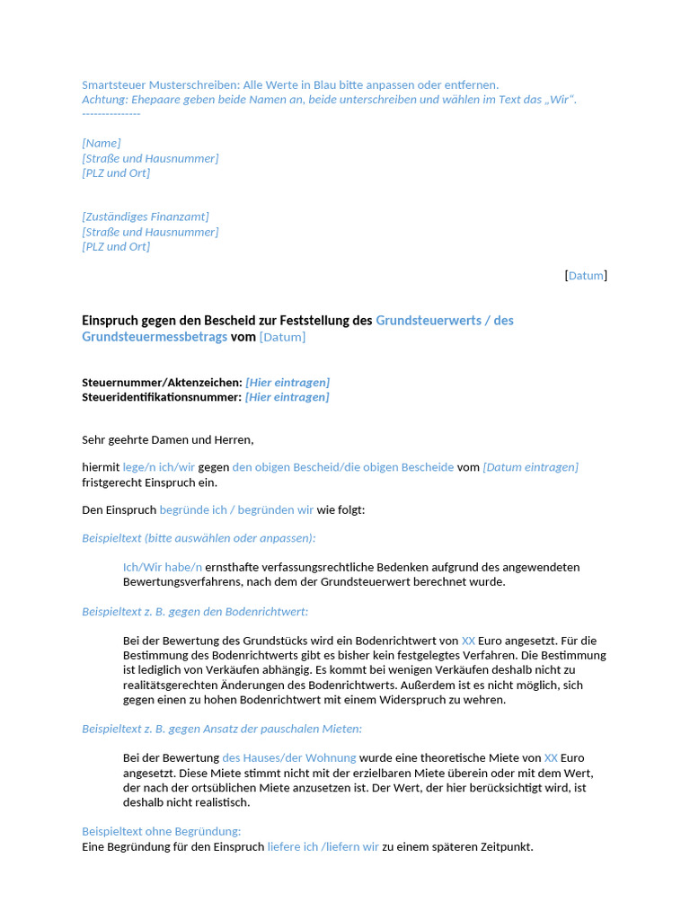 Grundsteuer Einspruch Musterschreiben