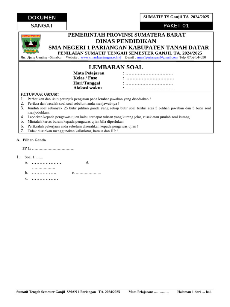 Format soal STS GANJIL 2024-2025 | PDF