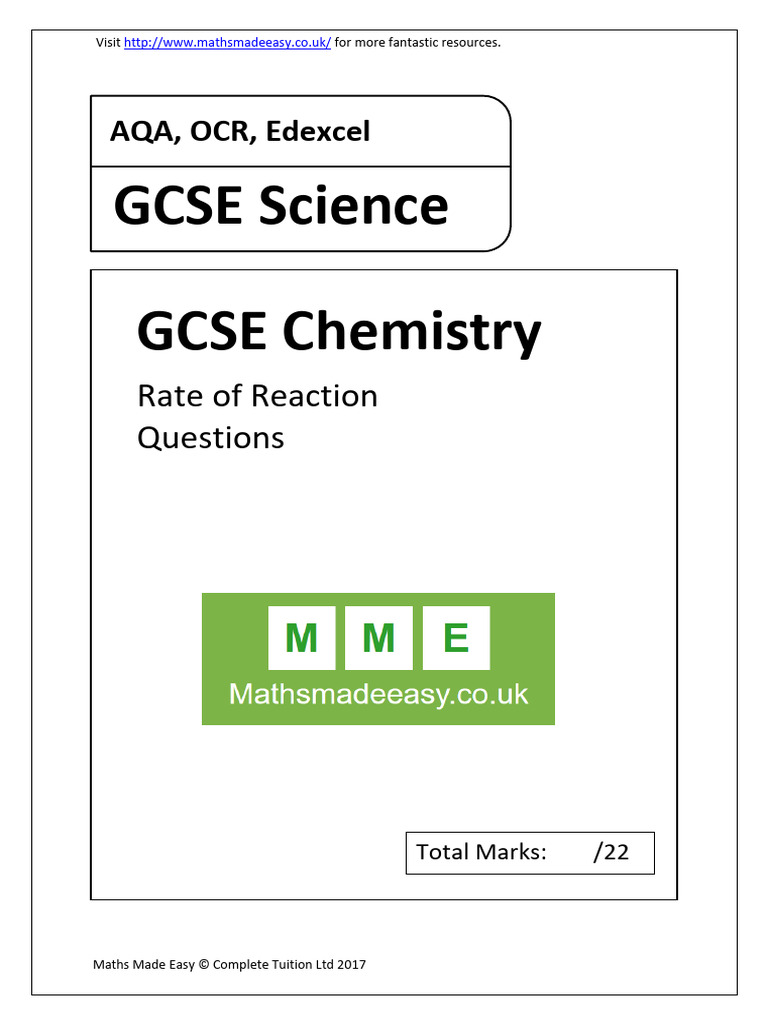 GCSE Chemistry. - Rate of Reactions. AQA, OCR, Edexcel. Questions | PDF