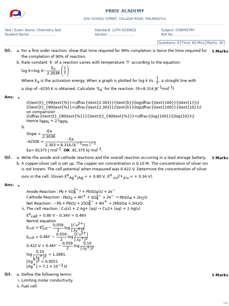 Chemistry Test 12TH SCIENCE CHEMISTRY Answersheet | PDF