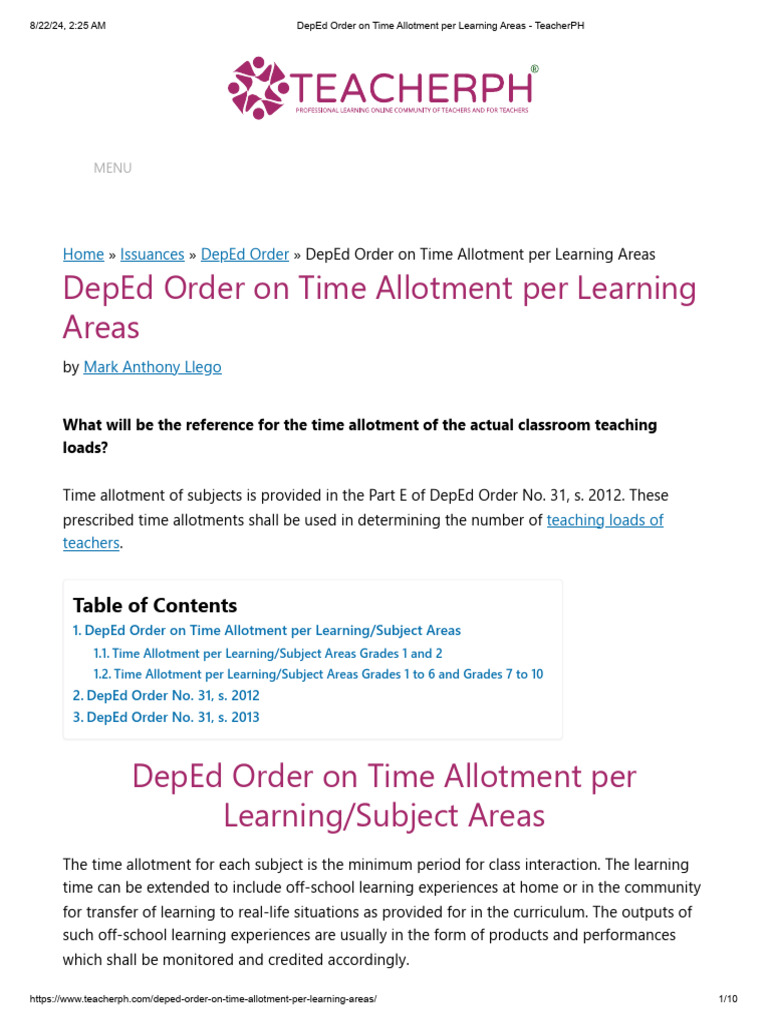DepEd Order On Time Allotment Per Learning Areas - TeacherPH | PDF