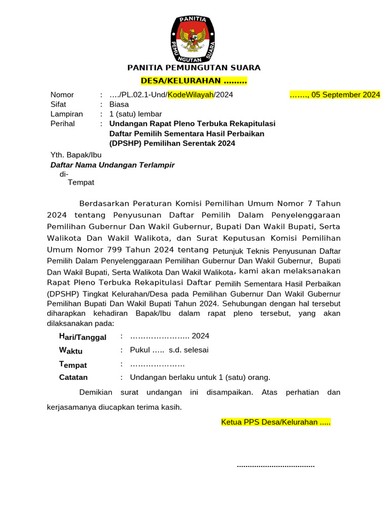 Draft Undangan DPSHP PPS Kec. Legok | PDF
