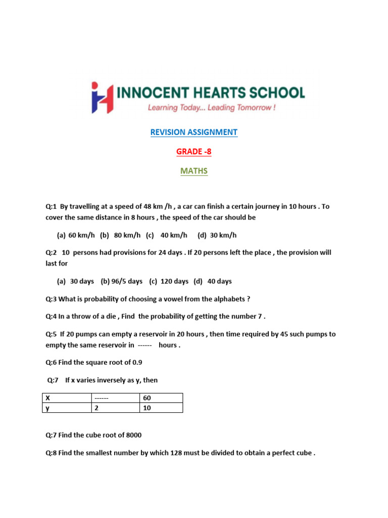 Revision Assignment, Grade - 8 | PDF