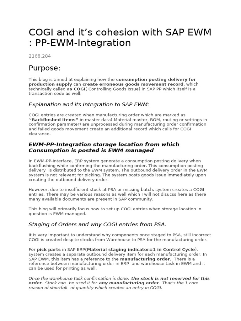 COGI cohesion with SAP EWM PP-EWM | PDF
