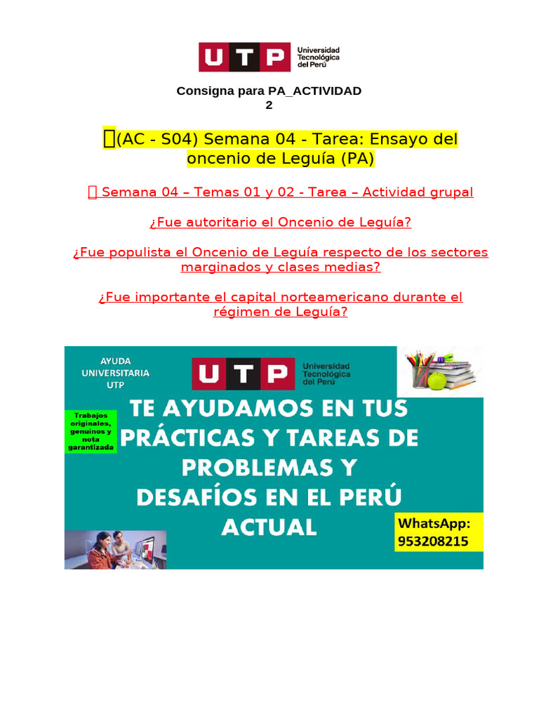 ?(AC - S04) Semana 04 - Tarea Ensayo del oncenio de Leguía (PA) | PDF