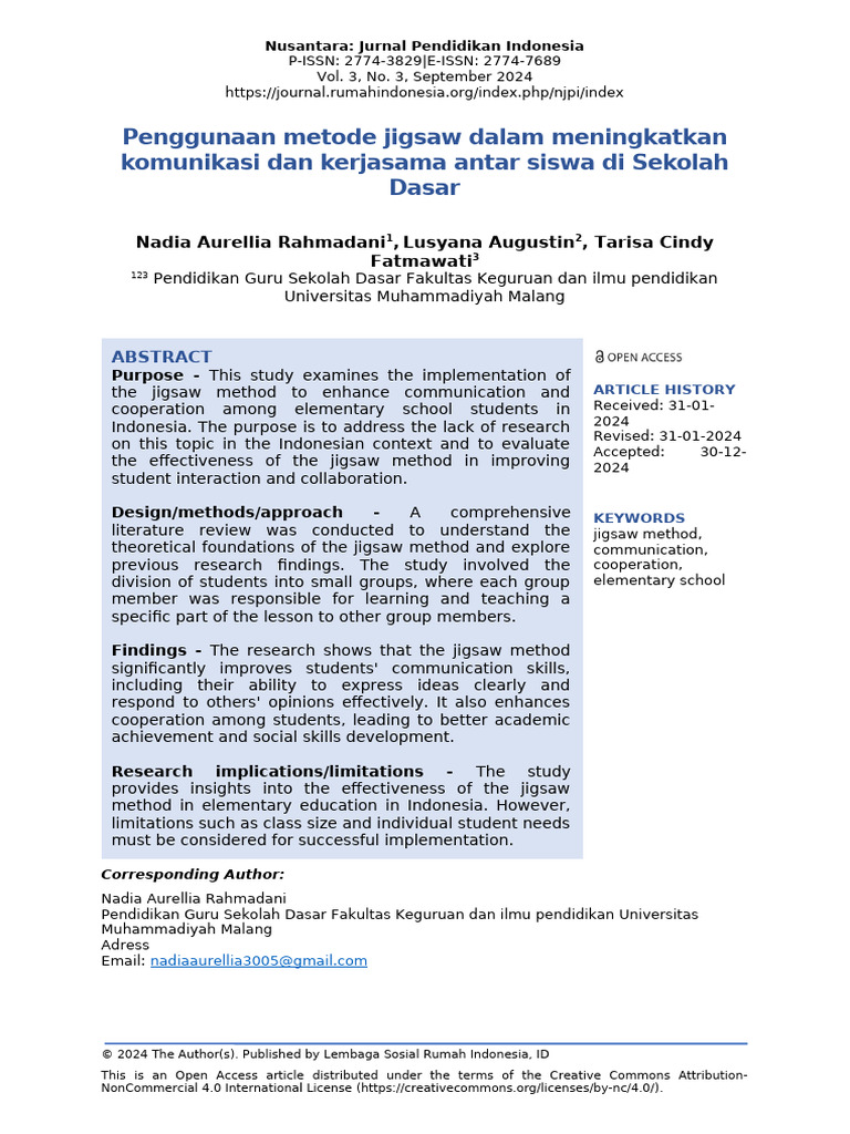 Penggunaan Metode Jigsaw Dalam Meningkatkan Komunikasi Dan Kerjasama Antar Siswa Di Sekolah ...