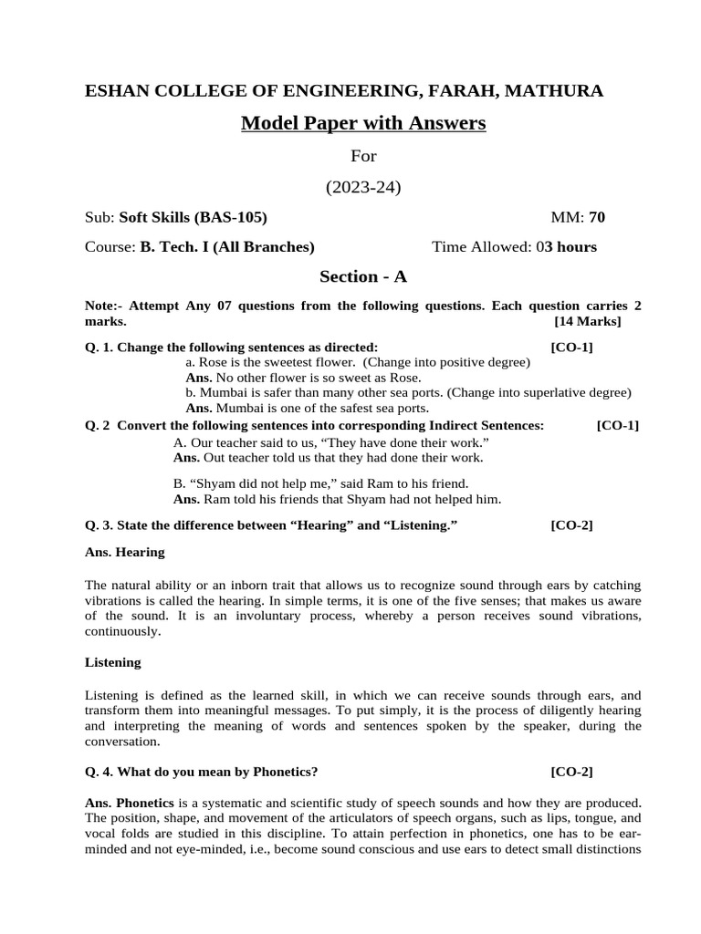 Model Paper BAS 205 Answer | PDF | Nonverbal Communication | Communication