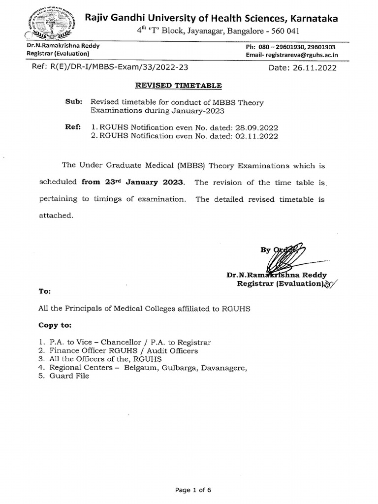 Revised Time Table For Conduct of MBBS Theory Examination During ...