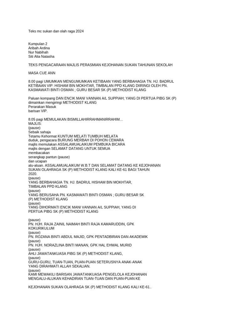 Teks MC Sukan Dan Olah Raga 2024 | PDF