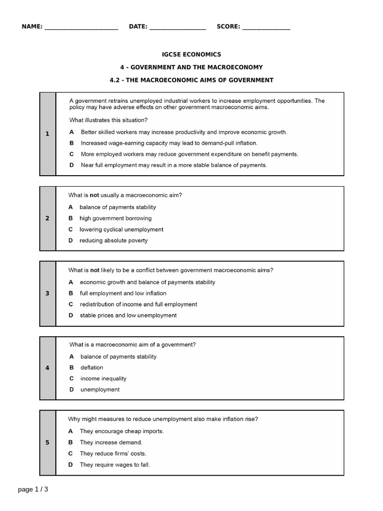 IGCSE Economics - 4.2 - The Macroeconomic Aims of Government | PDF