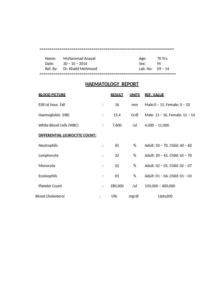Haematology Report: Blood Picture Result Units Ref. Value | PDF