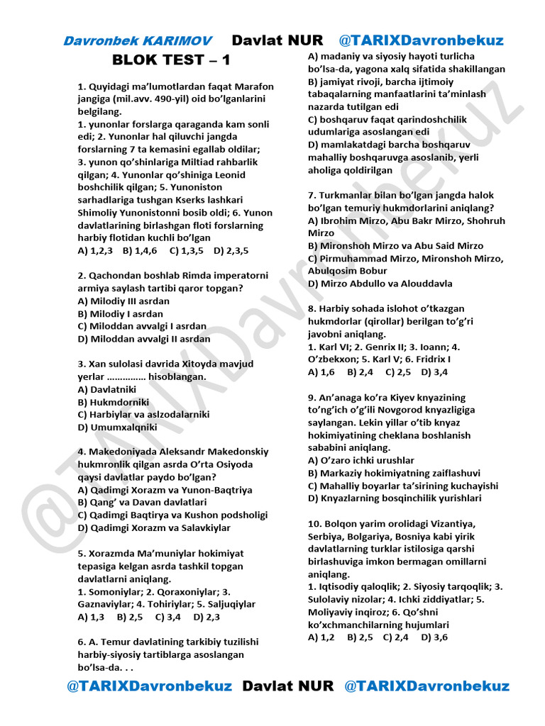 Tarixdan DTM TESTLAR Davronbek Karimov 1-Variant | PDF