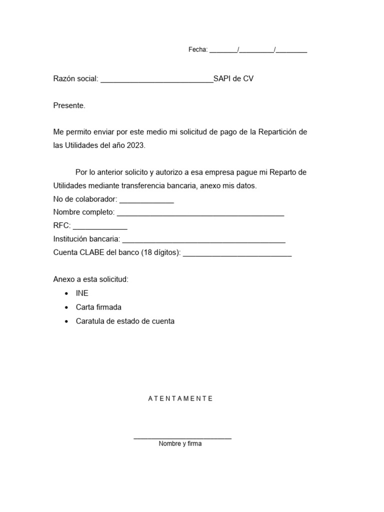 Carta Solicitud Ptu Gex 2023 | PDF