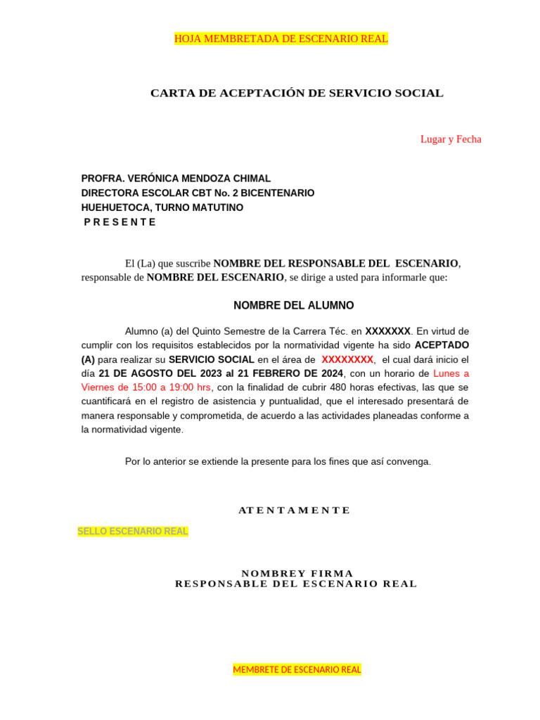 FORMATO CARTA DE ACEPTACION DE SERVICIO SOCIAL | PDF