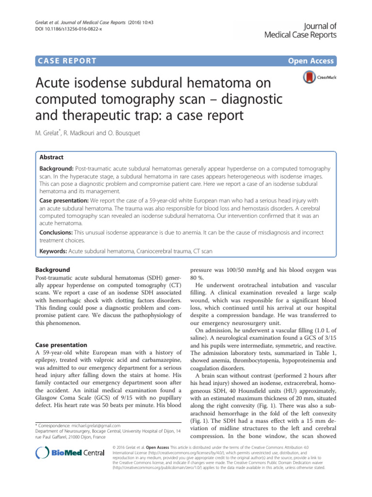 Acute Isodense Subdural Hematoma On Computed Tomography Scan | PDF