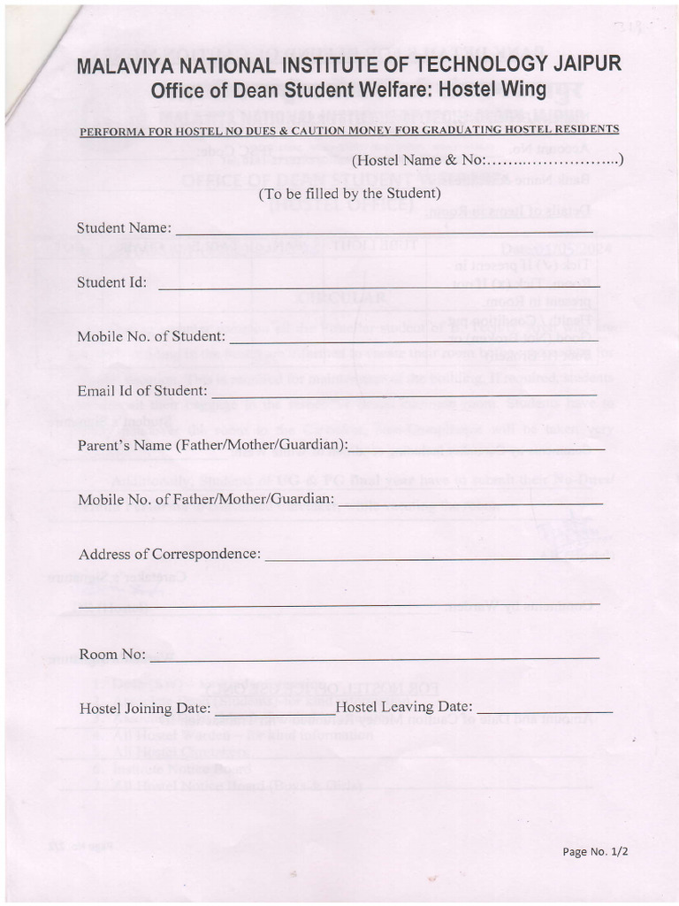 No - Dues - Form (FOR GRADUATTNG HOSTEL RESIDENTS) | PDF