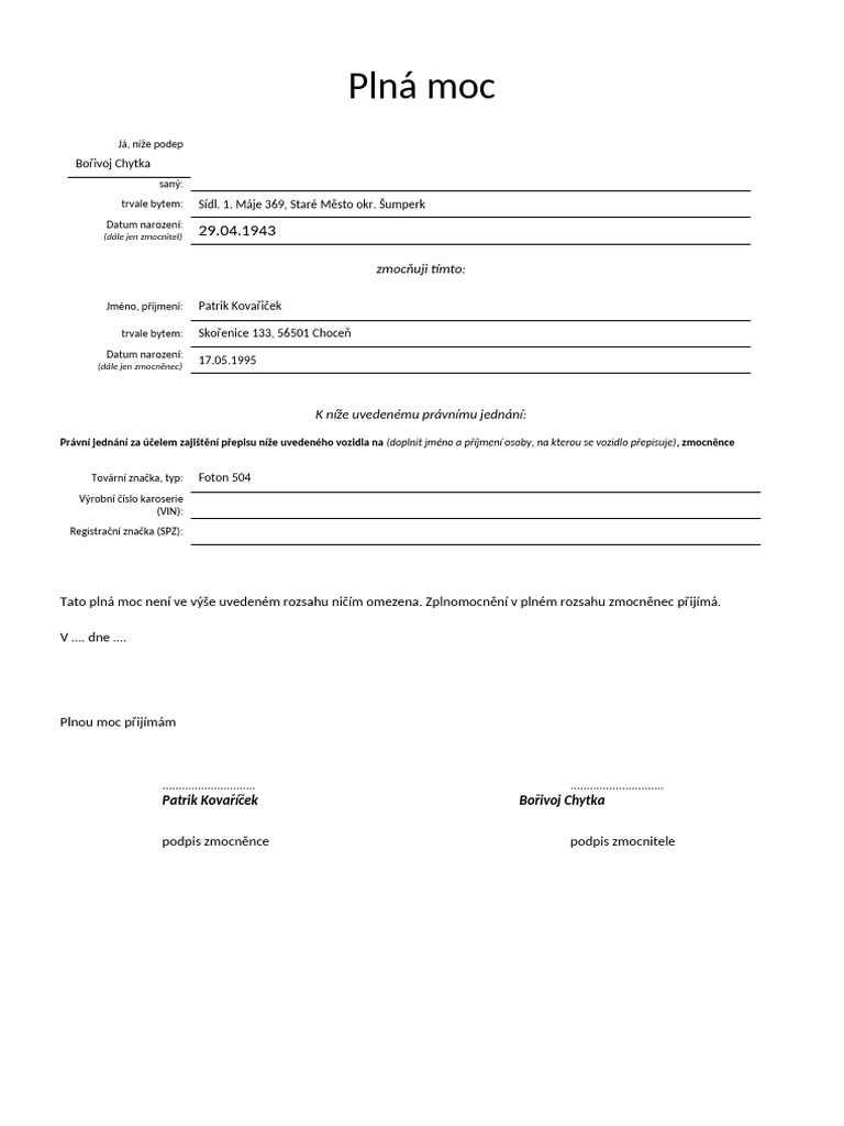 Vzor Plna Moc Prepis Vozidla - Srovnejto CZ | PDF