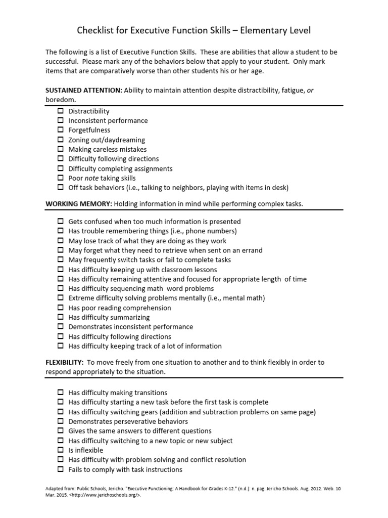 Checklist For Executive Function Skills | PDF