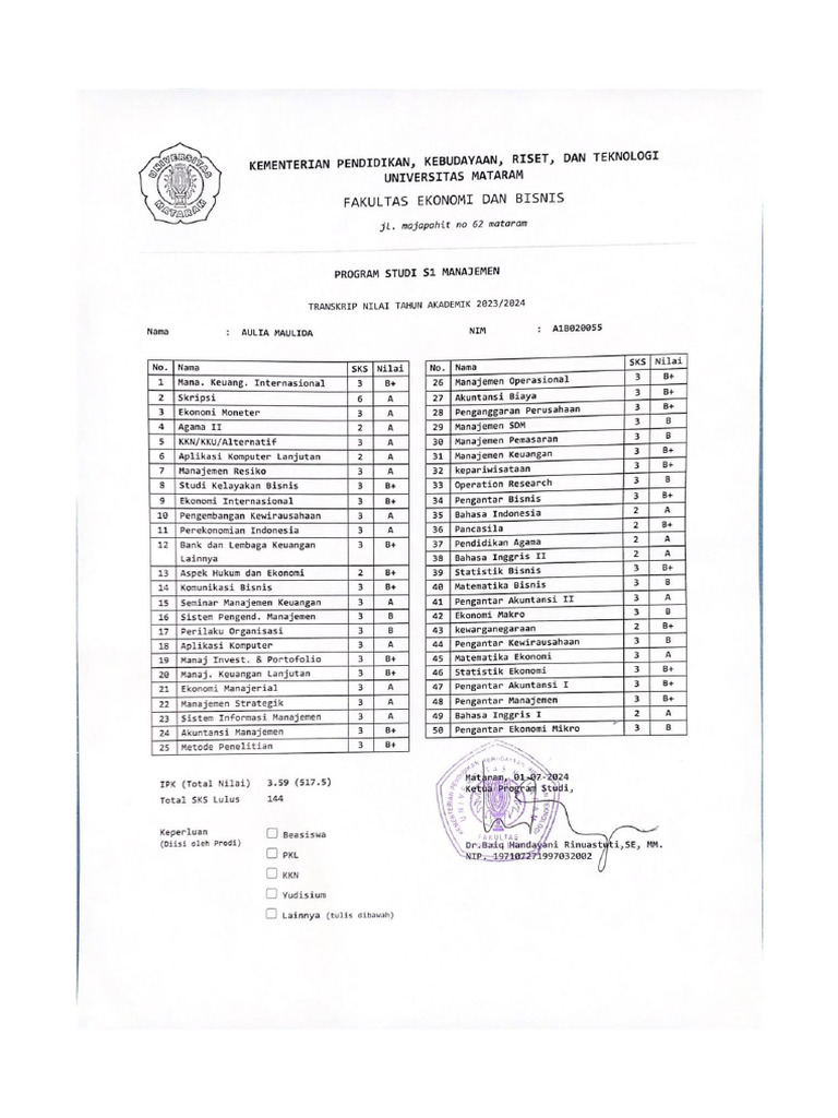Transkip Nilai - Aulia Maulida | PDF