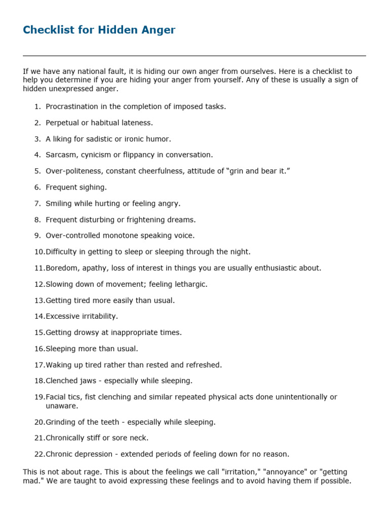 Checklist For Hidden Anger | PDF