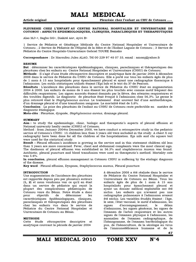 Mali Medical 2010 Tome XXV N°4 | PDF