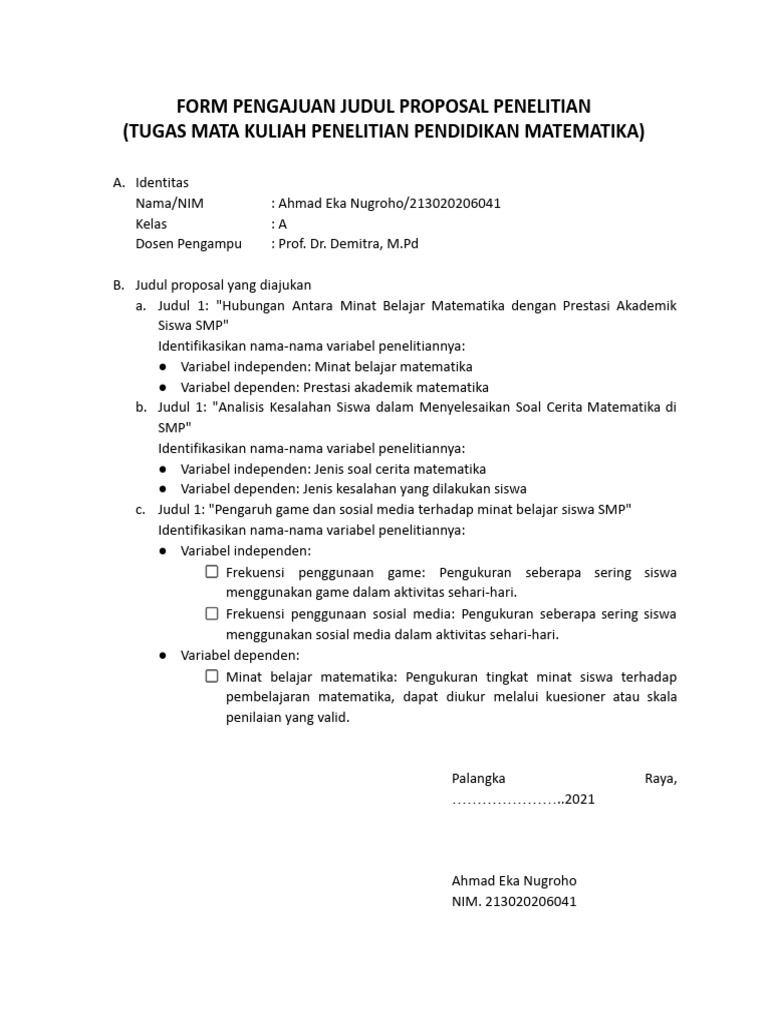Form Pengajuan Judul Proposal Penelitian | PDF