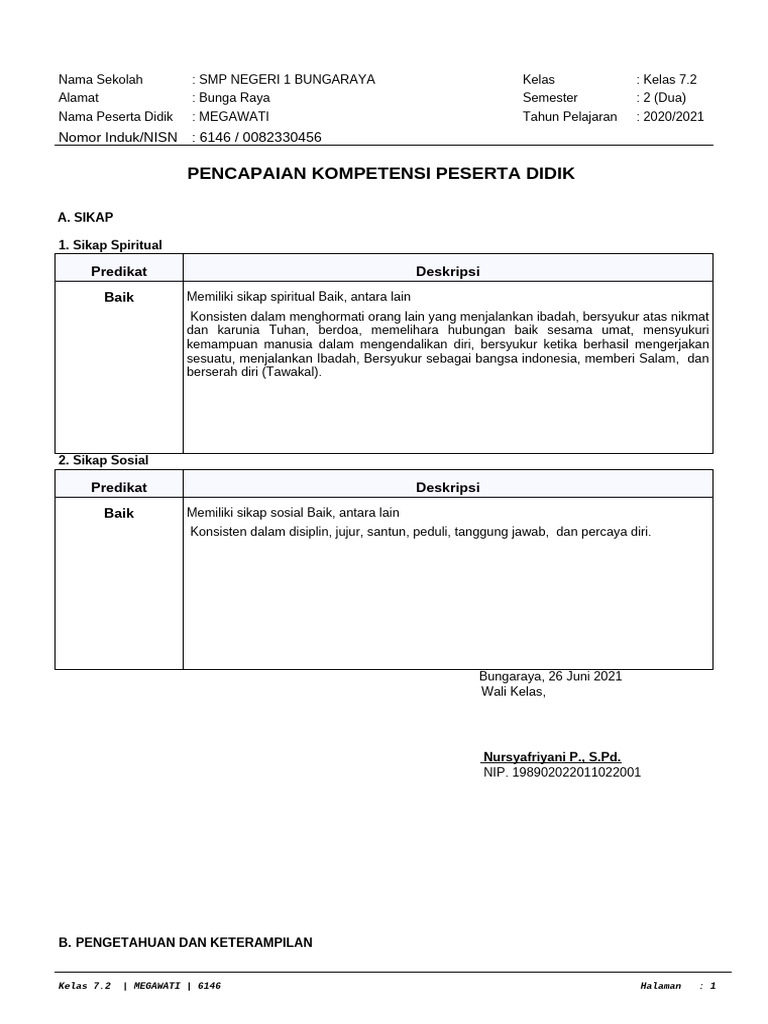 Rapor MEGAWATI 20202 | PDF