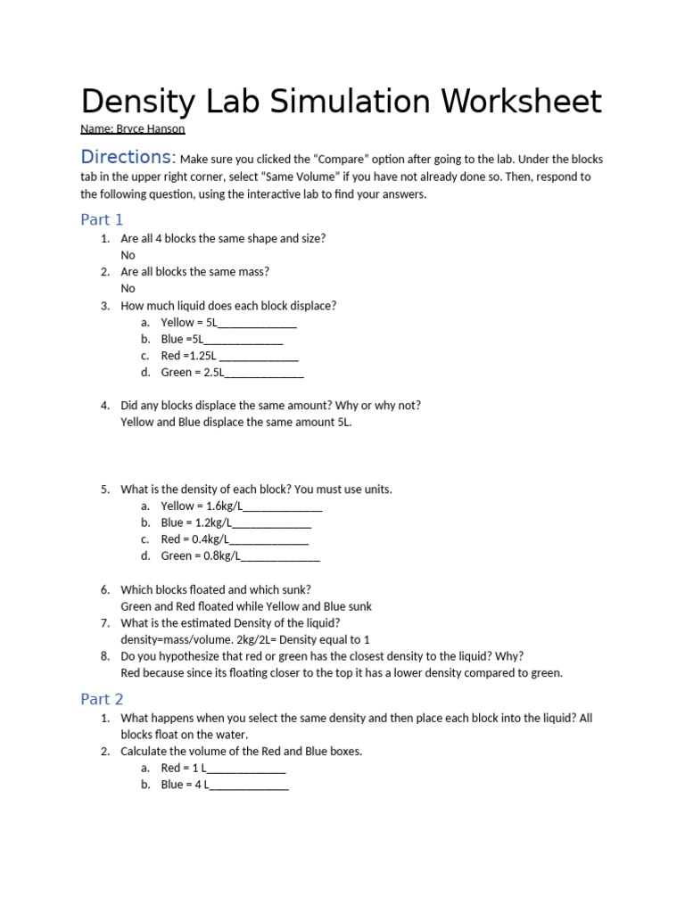Density Lab Simulation Worksheet | PDF