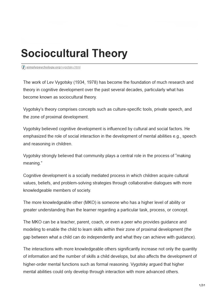Vygotsky's Sociocultural Theory Explained | PDF | Cognitive Development ...