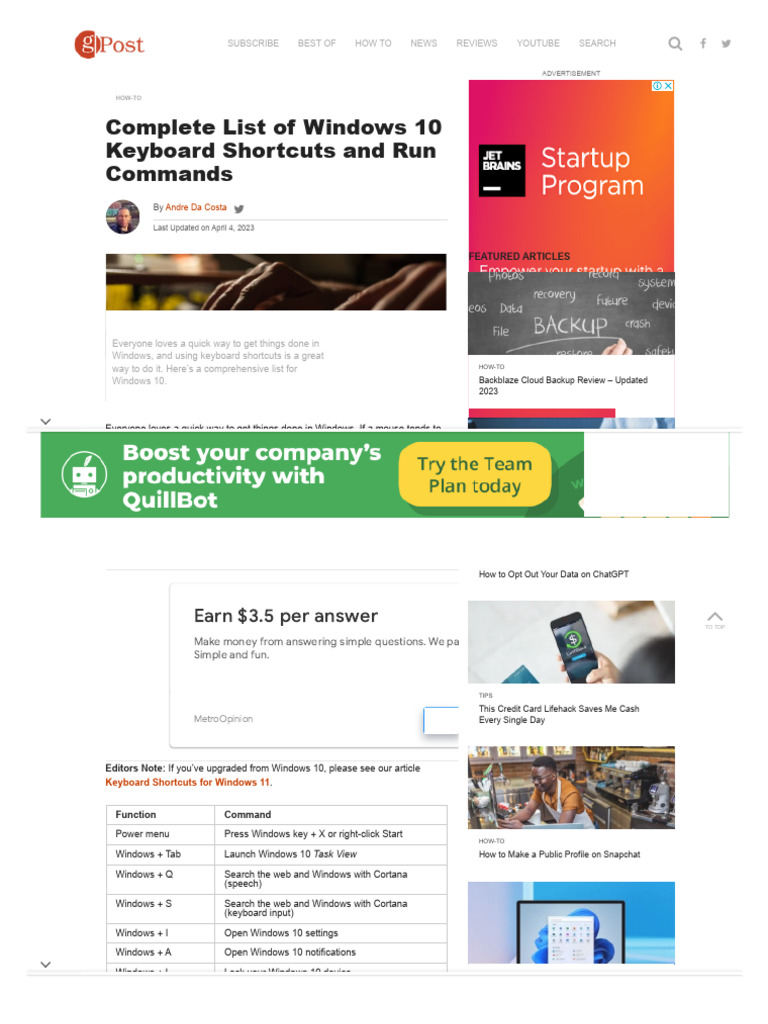 Complete List of Windows 10 Keyboard Shortcuts and Run Commands | PDF