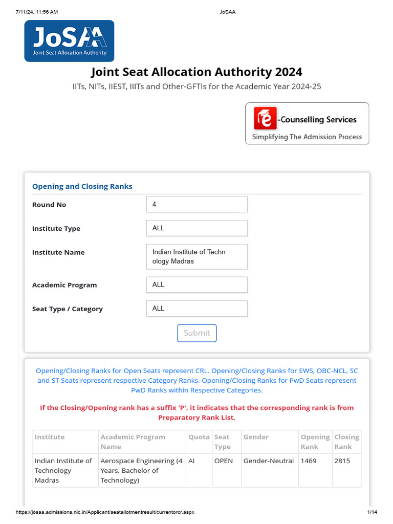 Joint Seat Allocation Authority 2024: Iits, Nits, Iiest, Iiits and ...