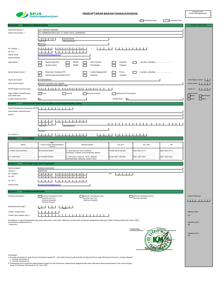 Form Bpjs Salemba Cv. Karast | PDF
