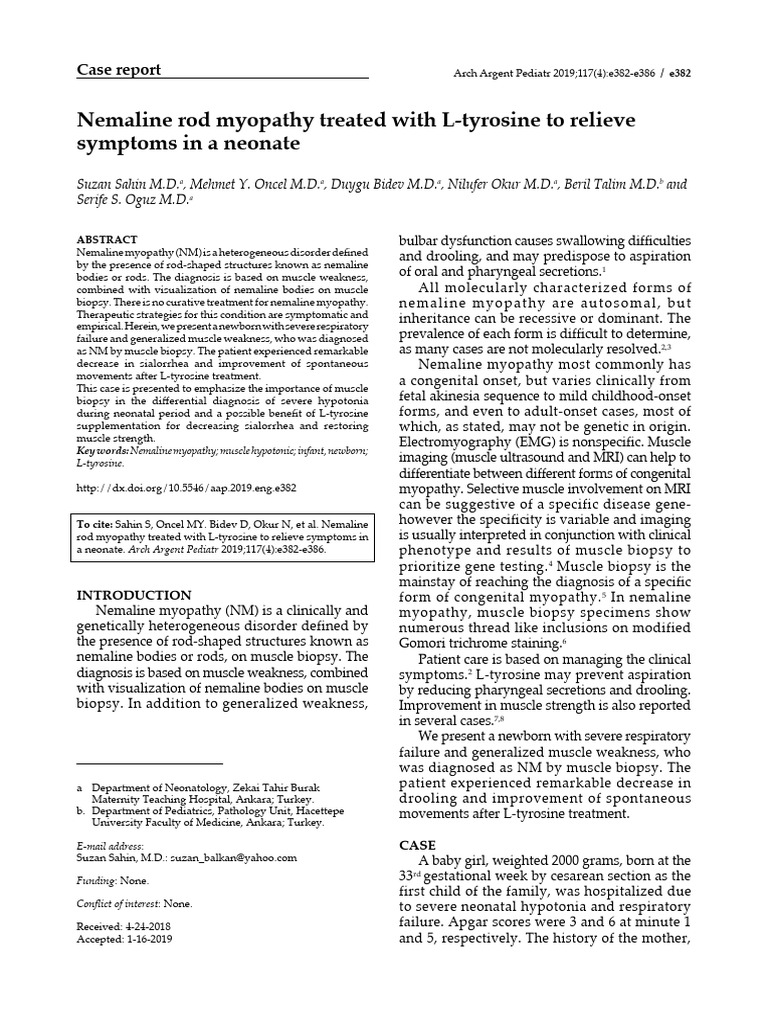 Nemaline Rod Myopathy Treated With L-Tyrosine To Relieve Symptoms in A ...