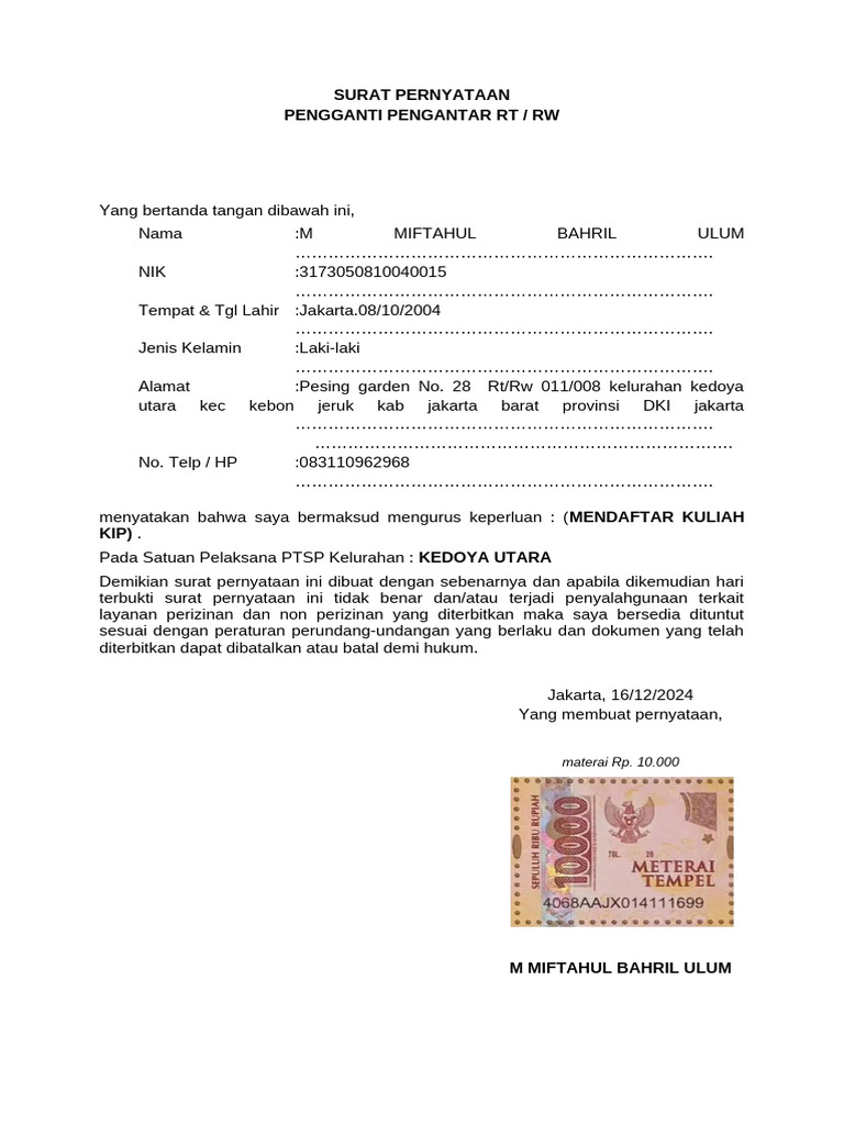 Surat Pengganti Pengantar RT RW 4 | PDF | Hukum