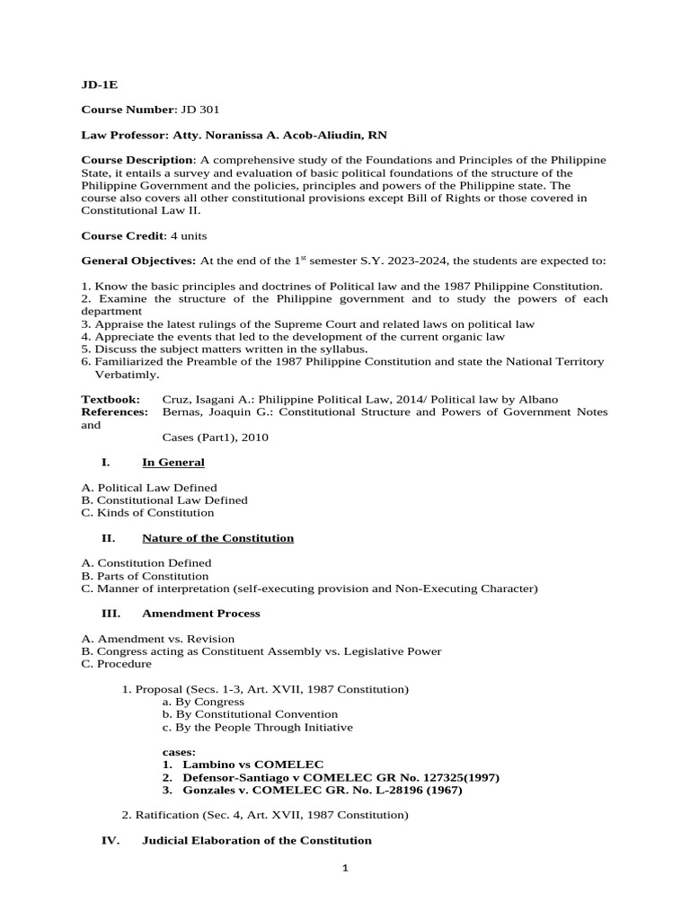 JD 1e Consti 1 Syllabus 6 Pages | PDF