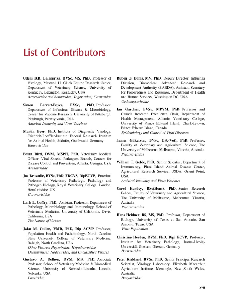List of Contributors 2017 Fenner S Veterinary Virology | PDF