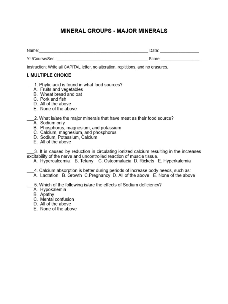 GRP 4 Quiz_Major Minerals | PDF