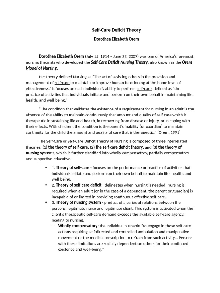 Self-Care Deficit Theory | PDF
