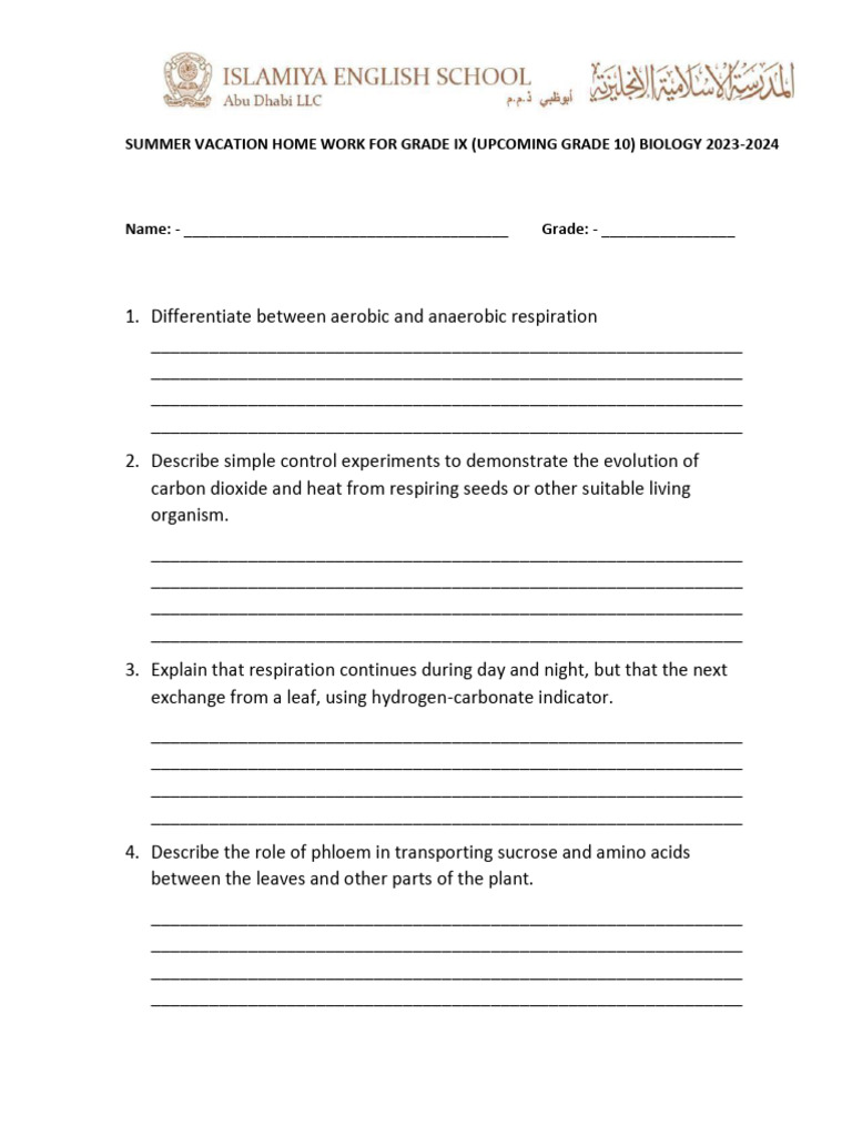 Grade 9 Summer Break Holidays Homework 2023-24 End Biology | PDF
