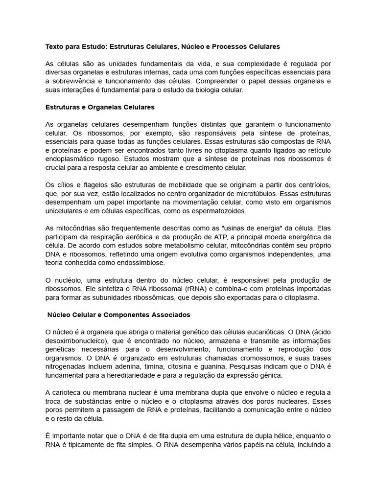 Texto para Estudo Estruturas Celulares, Núcleo e Processos Celulares | PDF
