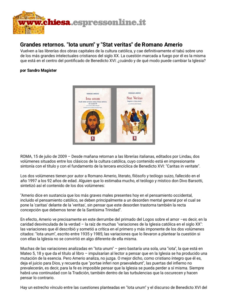 Grandes Retornos. - Iota Unum - y - Stat Veritas - de Romano Amerio | PDF